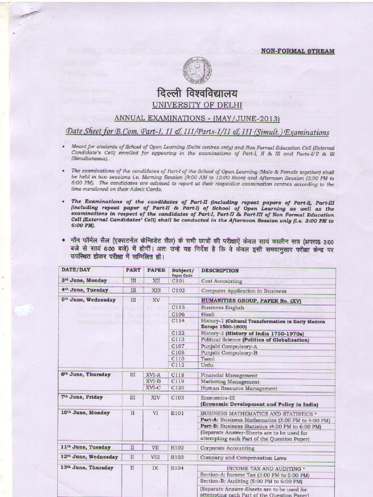 Delhi University Exam Schedule 2013 | PDF