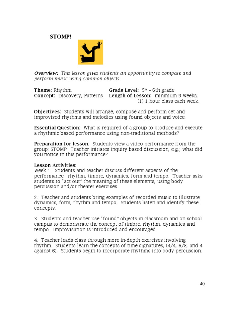 Lesson Plan - STOMP! | PDF | Improvisation | Musical Compositions
