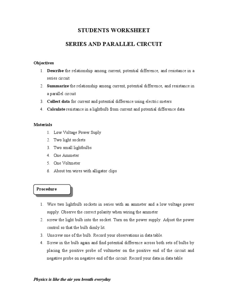 Students Worksheet Series and Parallel Circuit: Objectives | PDF ...