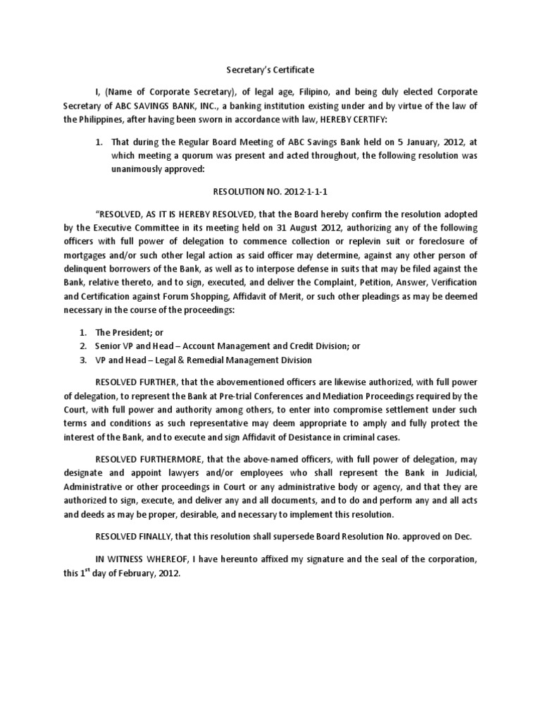 Secretary's Certificate | Resolution (Law) | Secretary