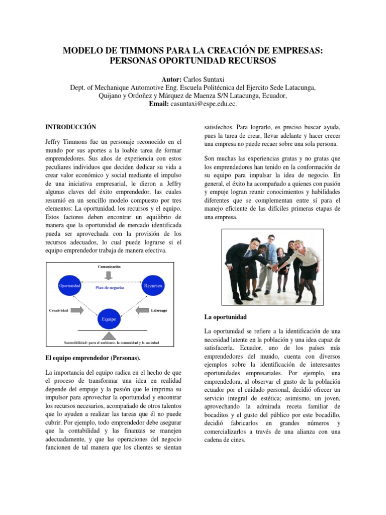 MODELO DE TIMMONS PARA LA CREACIÓN DE EMPRESAS | PDF | Plan de negocios ...