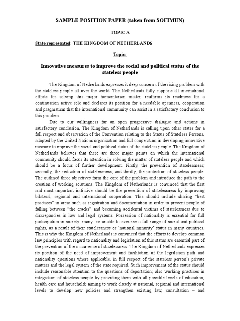 Sample Position Paper (Taken From Sofimun) : State Represented: THE ...