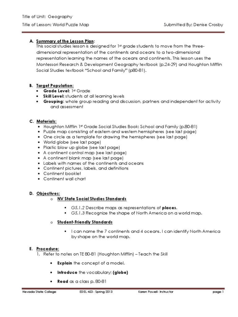 EDEL453 Spring2013 DeniseCrosby Unit 3 Geography LESSON 2 | PDF | Map ...