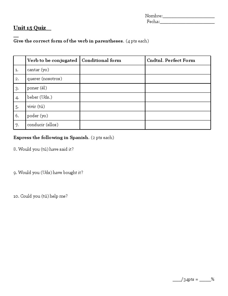 Spanish Conditional Verb Quiz | PDF