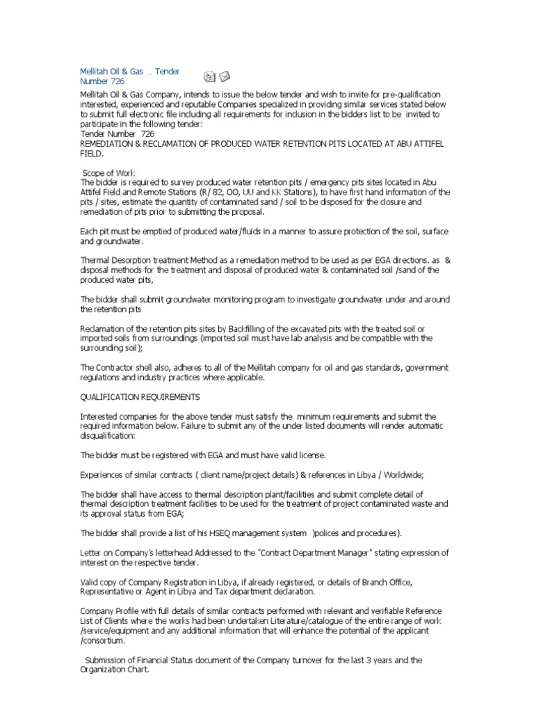 Mellitah Oil & Gas Tender Number 726 | PDF | Environmental Remediation ...