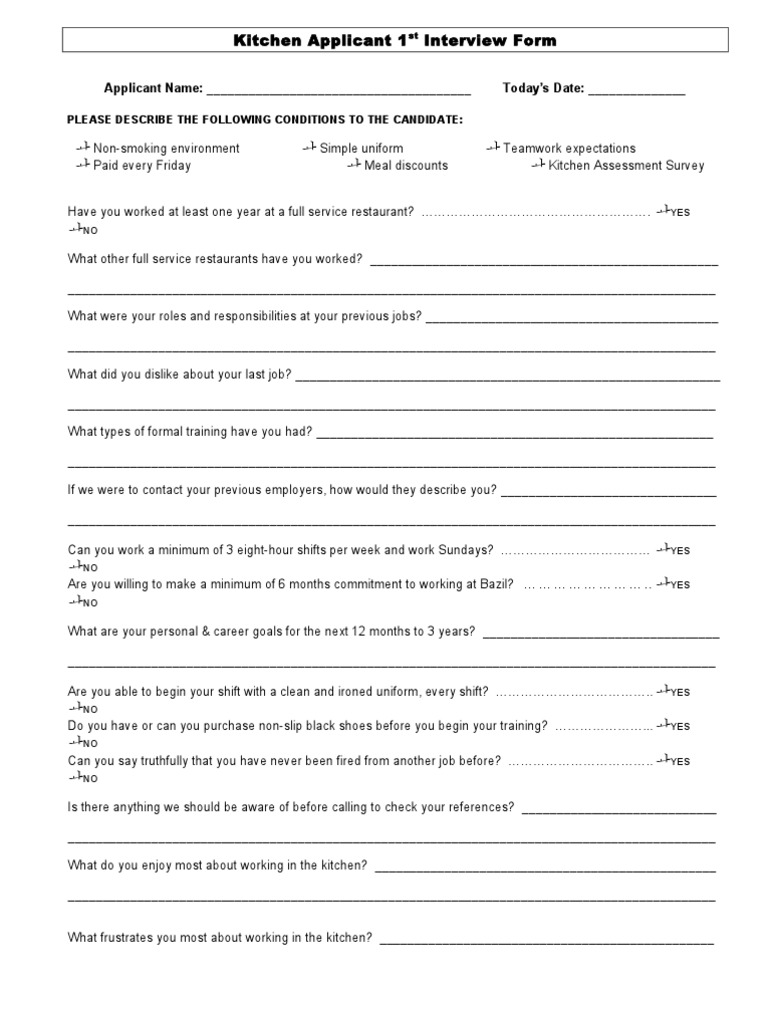 Kitchen Staff Interview Questionnaire | PDF
