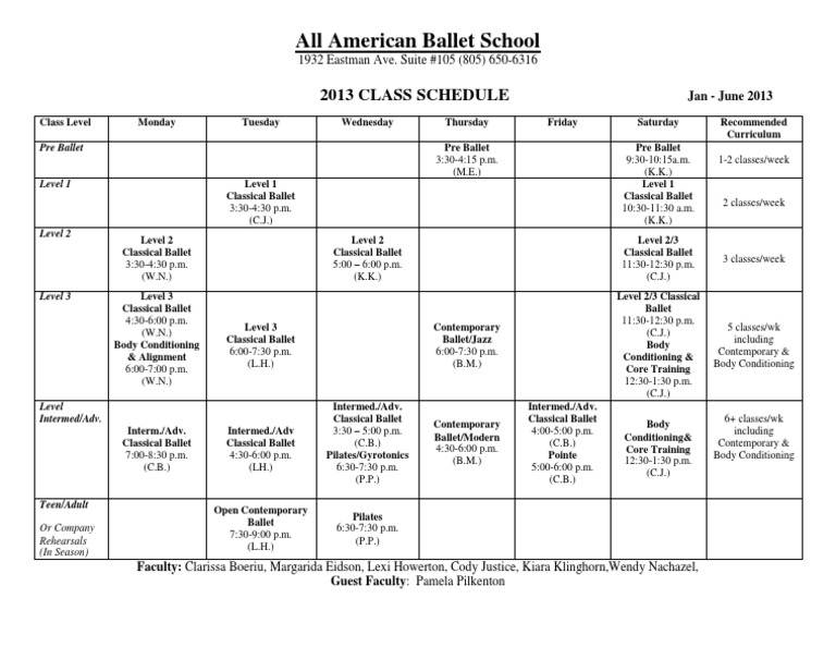 2013 Class Schedule for All American Ballet | PDF | Art