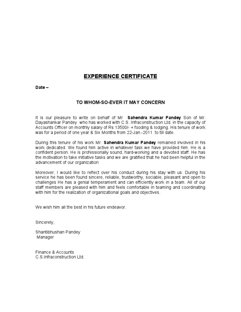 Experience Certificate: To Whom-So-Ever It May Concern | PDF