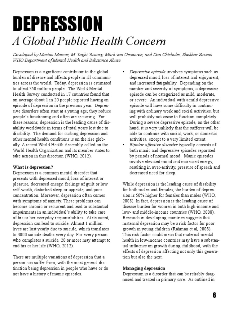 Who Paper Depression Wfmh 2012 | Major Depressive Disorder | Depression ...