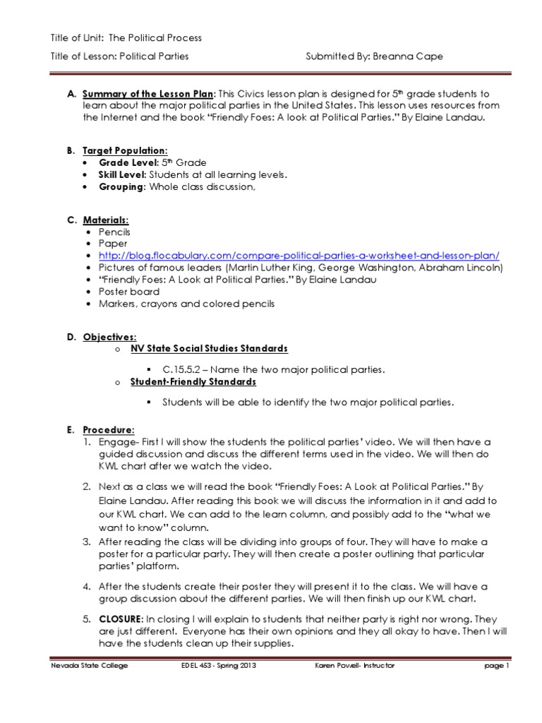 5th Grade Lesson on Political Parties | PDF | Lesson Plan | Learning
