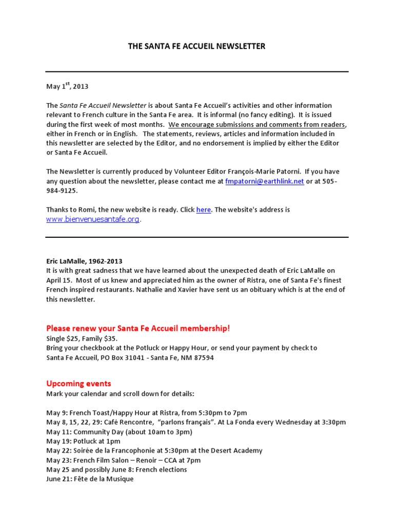 2013-05-01 Newsletter SF Accueil | PDF | Art