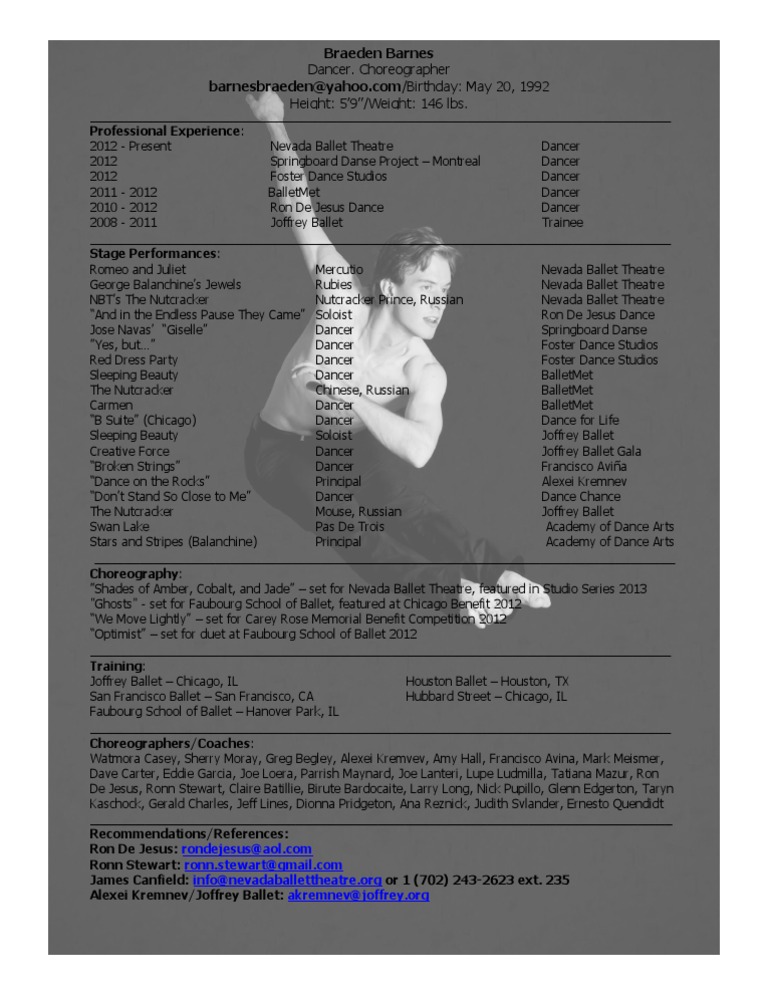Professional Dance Resume of Braeden Barnes | PDF | Ballet | The Nutcracker