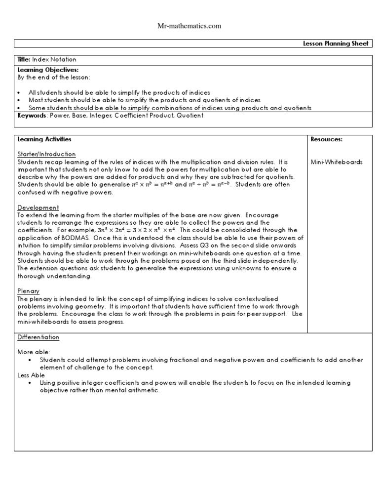 Lesson Plan Indices | PDF