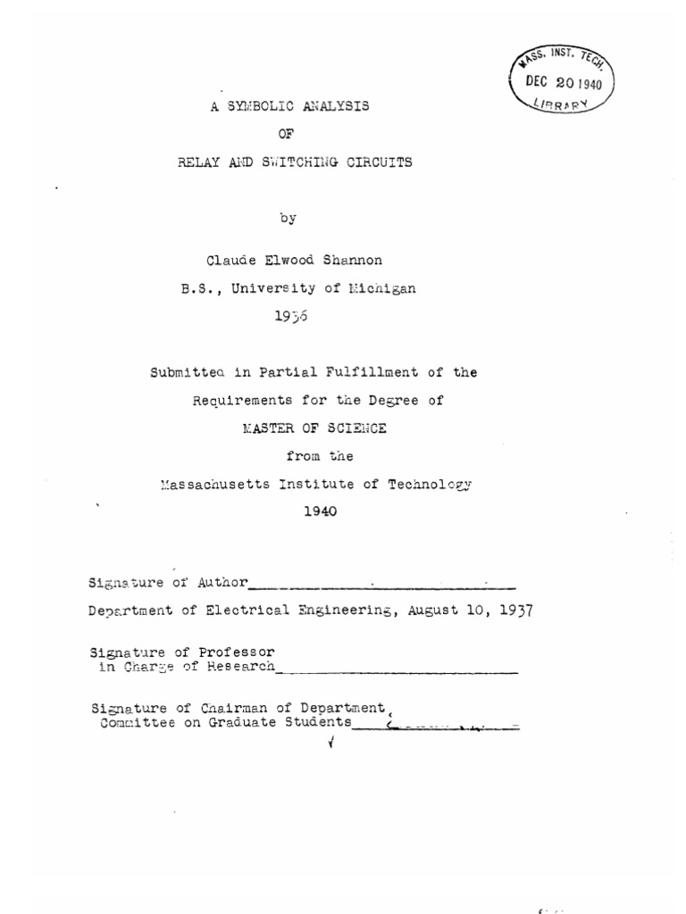 Shannon - A Symbolic Analysis of Relay and Switching Circuits | PDF ...