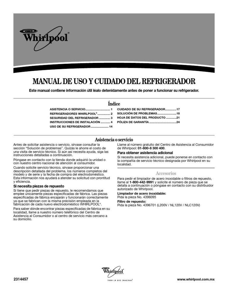 Manual de Usuario-Refrigeradora Whirlpool | PDF | Tornillo | Herramientas