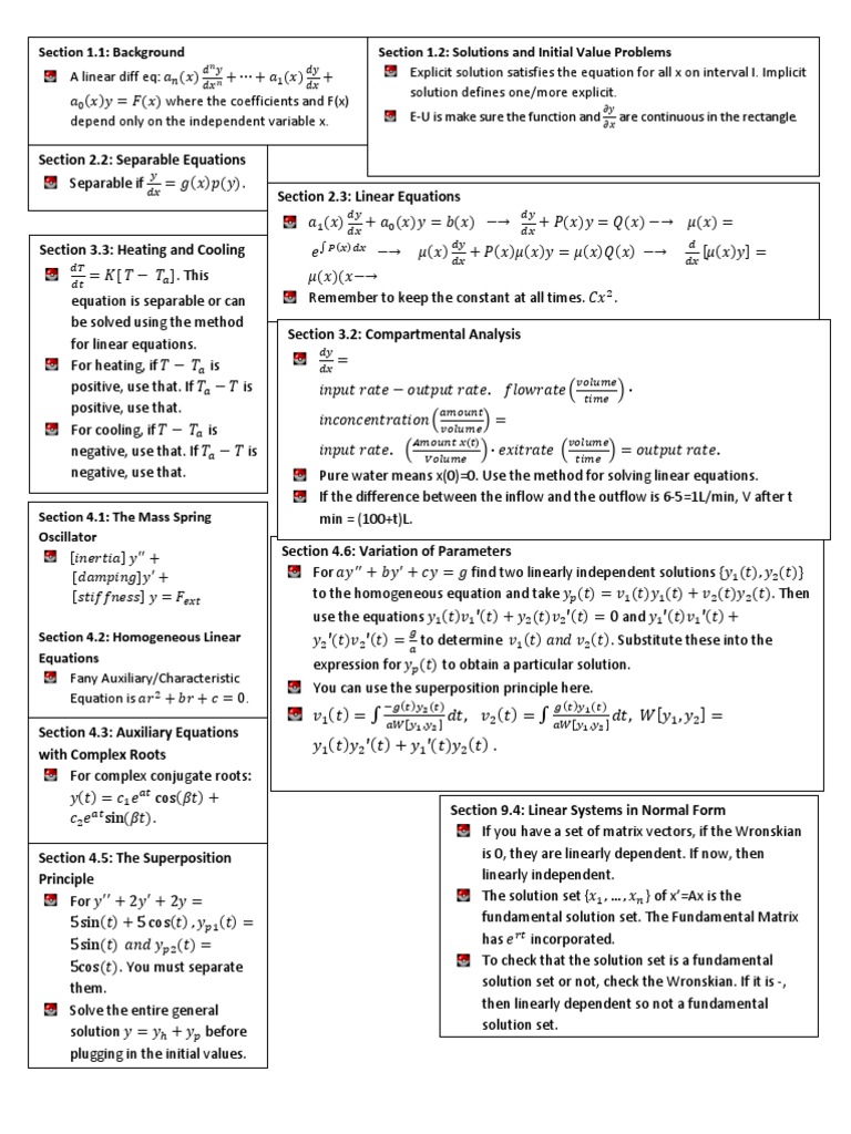 Diff EQ Cheat Sheet | PDF | Eigenvalues And Eigenvectors | System Of Linear Equations