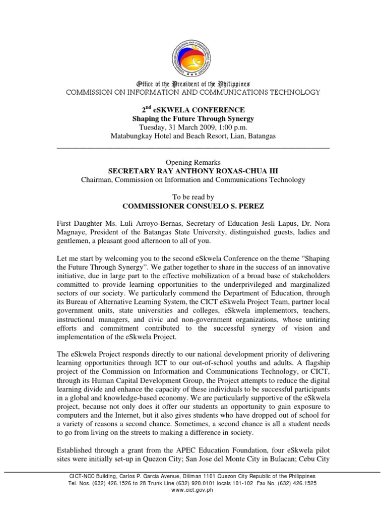 2nd Eskwela Conference Opening Remarks - CICT RRC | PDF | Social Science