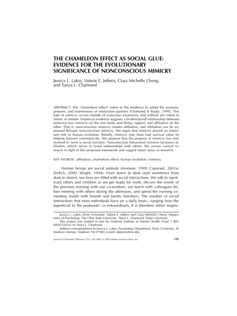 The Chameleon Effect As Social Glue | PDF | Mimicry | Social Group