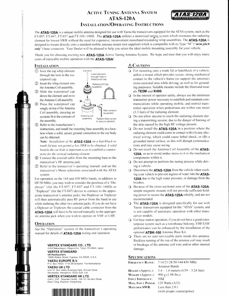 ATAS-120 Instruction Sheet | PDF | Very High Frequency | Antenna (Radio)
