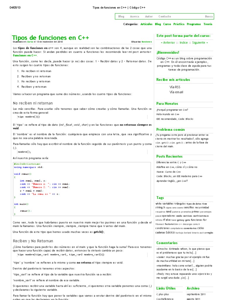 Tipos de Funciones en C++ - Código C++ | PDF | C ++ | Modelos de ...