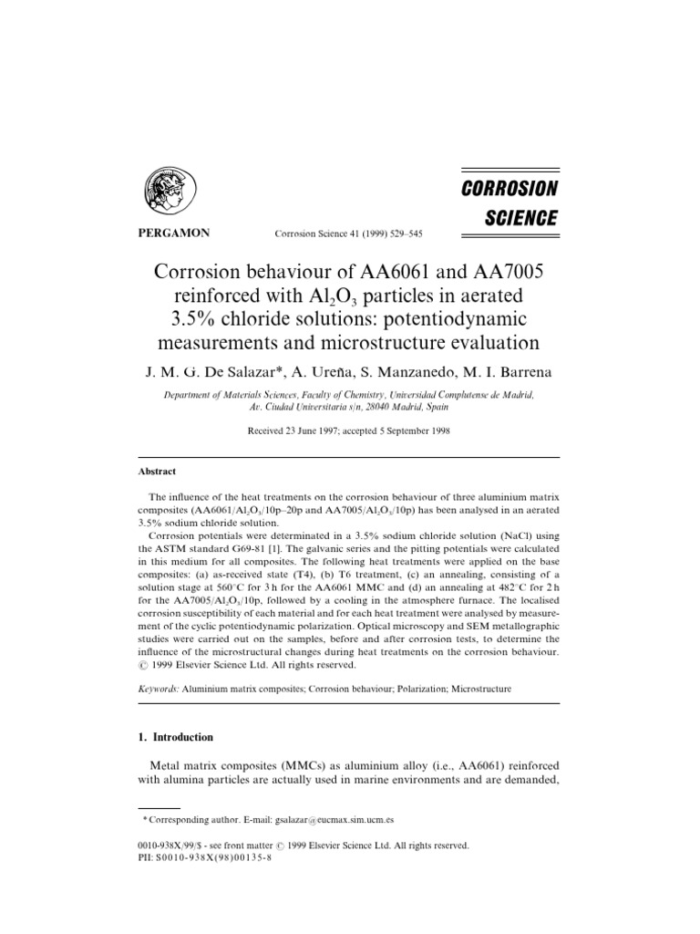 Corrosion Behaviour of AA6061 and AA7005 Reinforced With Al2O3 Particles in Aerated 3.5% ...
