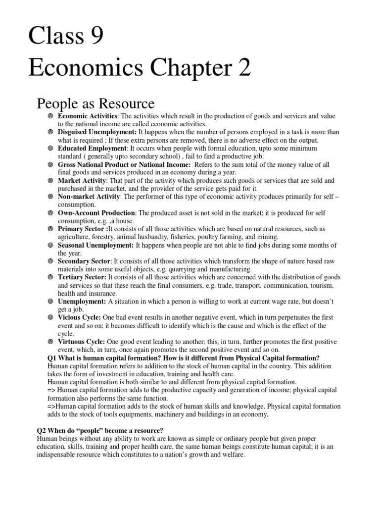 Class 9 Economics Chapter 2 - People as a Resource | PDF | Human ...