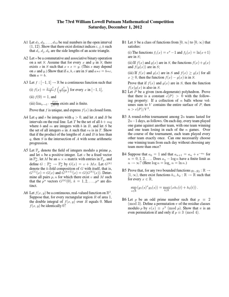 2012 Putnam Competition Problems | PDF | Mathematical Concepts ...