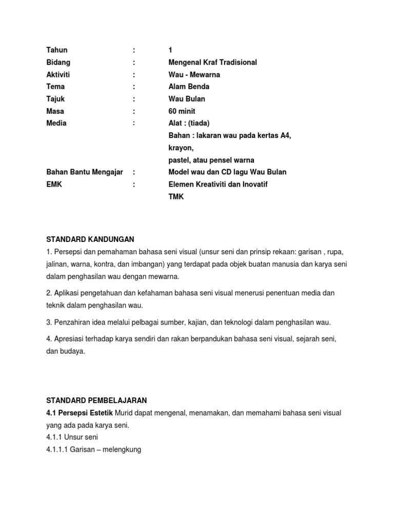 RPH DSV KSSR Tahun 1 (Wau) | PDF