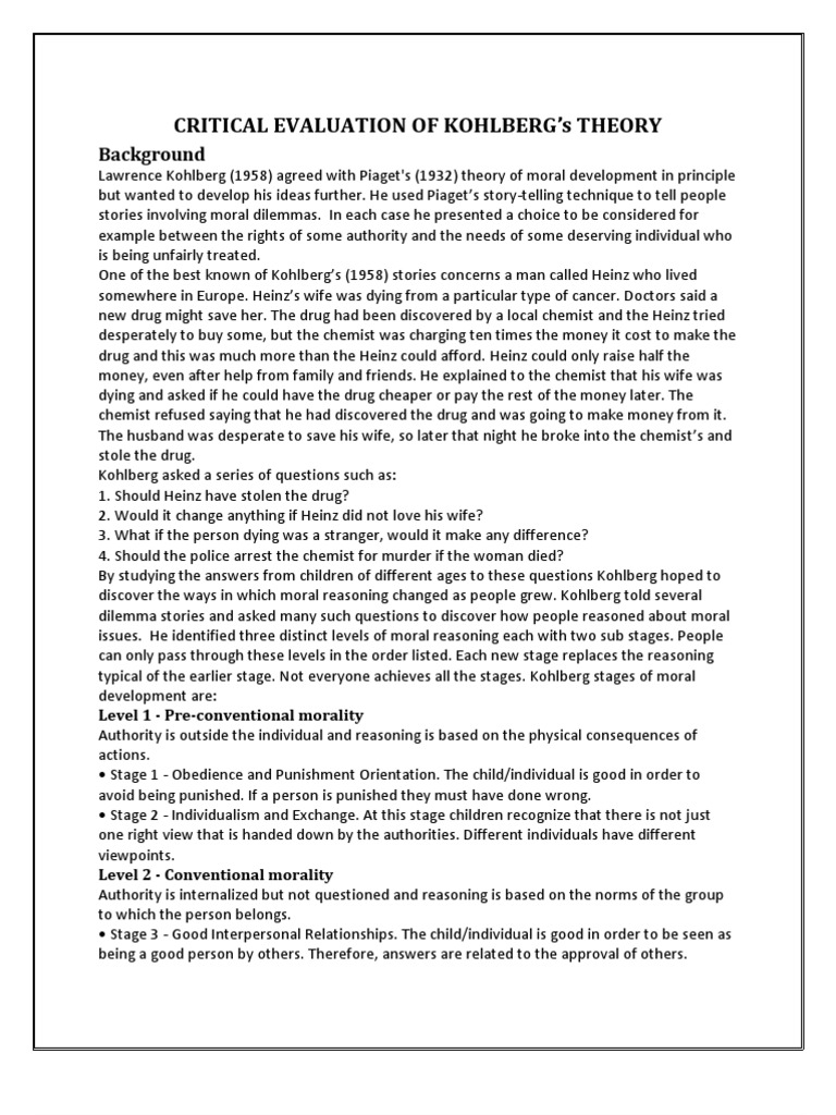 CRITICAL EVALUATION OF KOHLBERG's THEORY | PDF | Morality | Behavioural ...