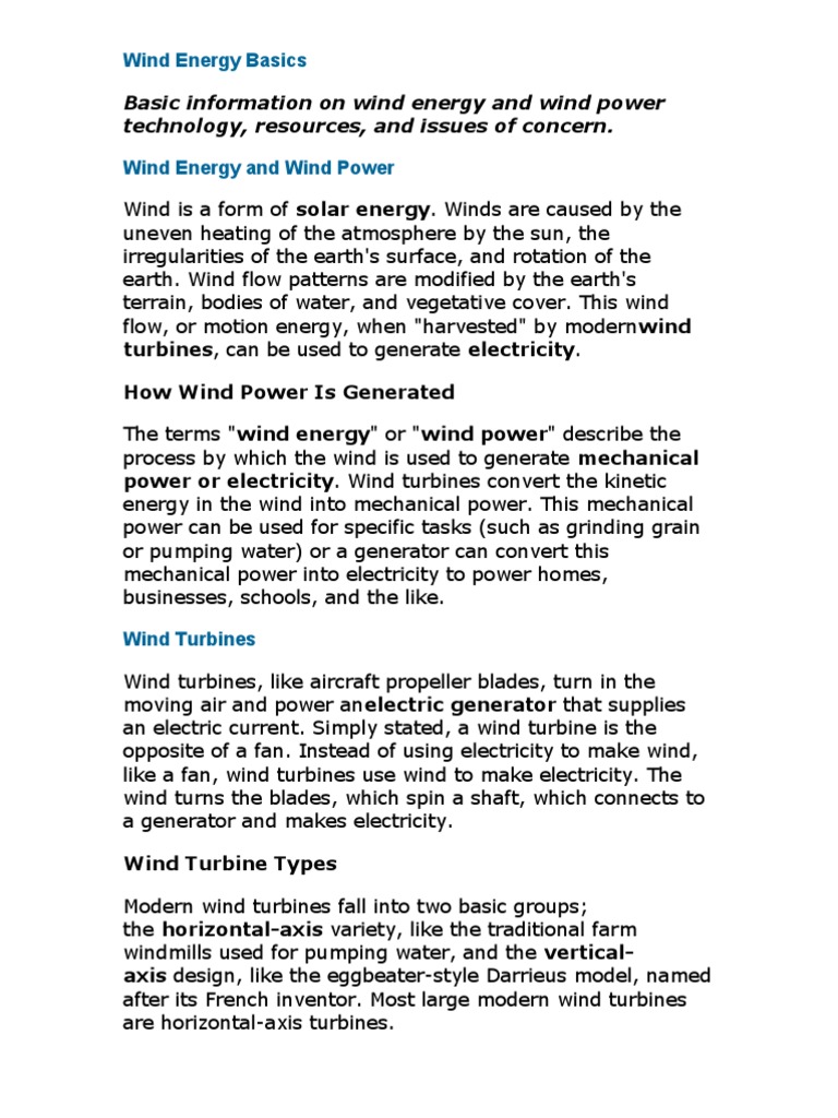 Basic Information On Wind Energy and Wind Power Technology, Resources ...