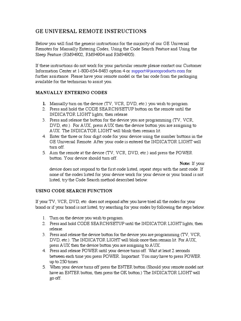 GE Universal Remotes Instructions | PDF