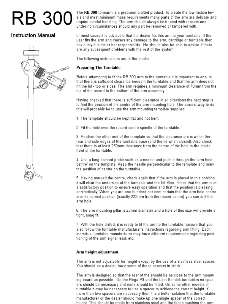 RB300 Tonearm Instructions | PDF | Phonograph | Manufactured Goods