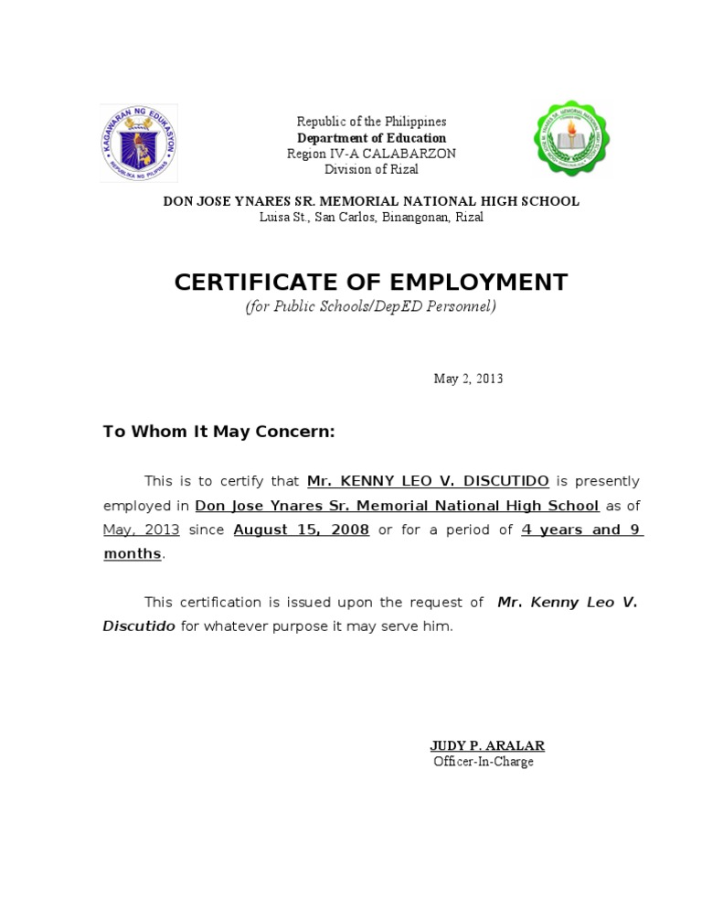 Sample Certificate Employment Template - Template.umatuna.com