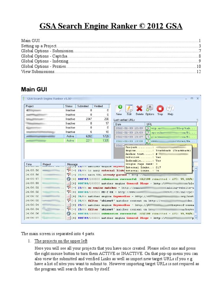 GSA Search Engine Ranker © 2012 GSA: Main GUI | PDF | Search Engine ...