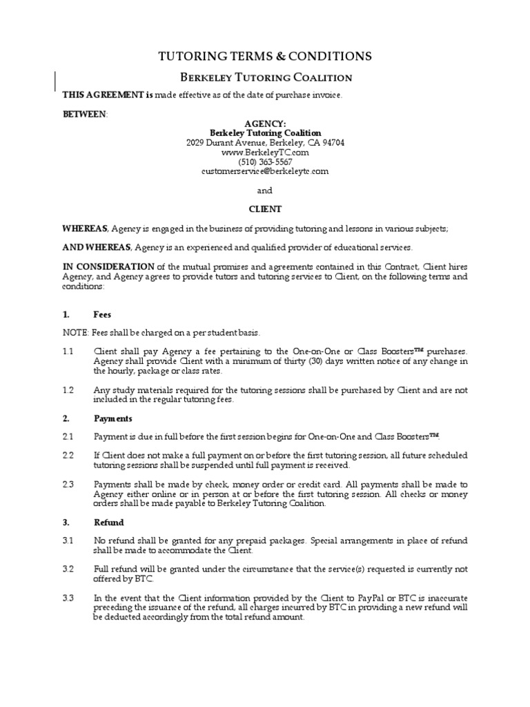 BTC Tutoring Contract | PDF | Tutor | Indemnity