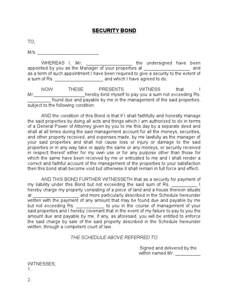 Security Bond Agreement Template | PDF | Property | Bonds (Finance)