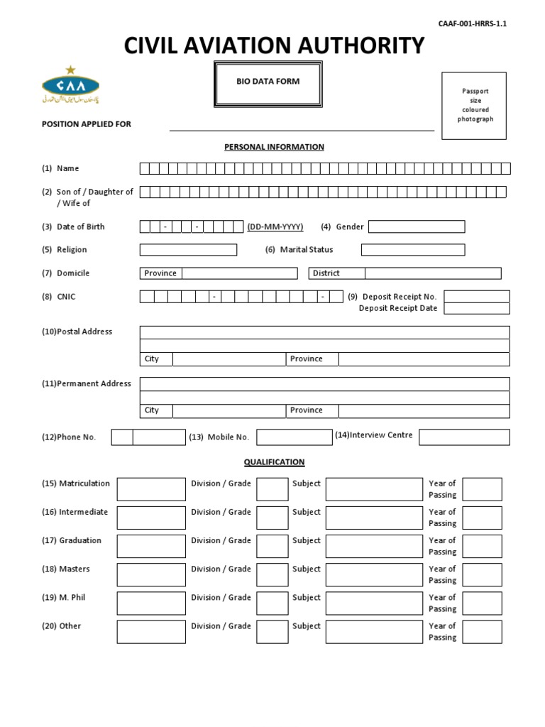 Civil Aviation Authority: Bio Data Form | PDF