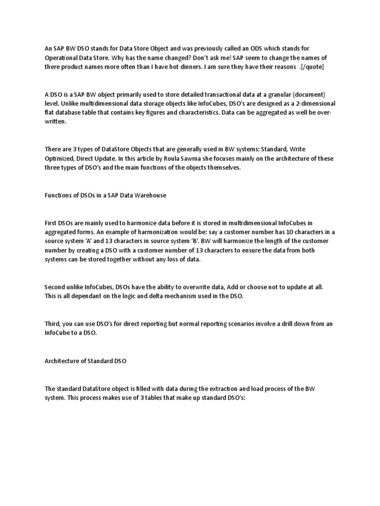 An SAP BW DSO Stands For Data Store Object and Was Previously Called An ...