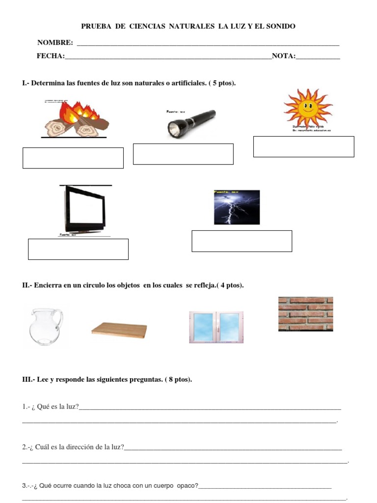 Prueba de Ciencias Naturales La Luz y El Sonido