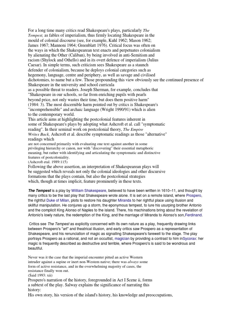 Tempest As A Postcolonial Play | PDF | The Tempest