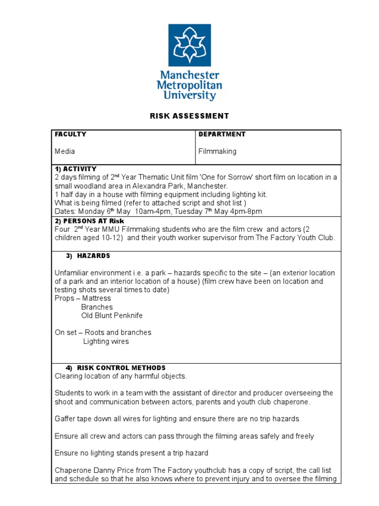 MMU Risk Assessment Form Complete | PDF | Filmmaking | Camera