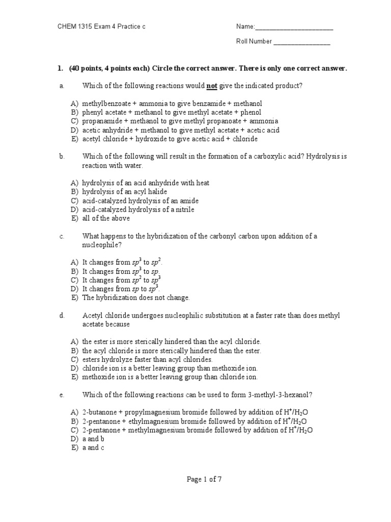 CHEM 1315 Exam 4 Practice C | PDF | Ester | Amide