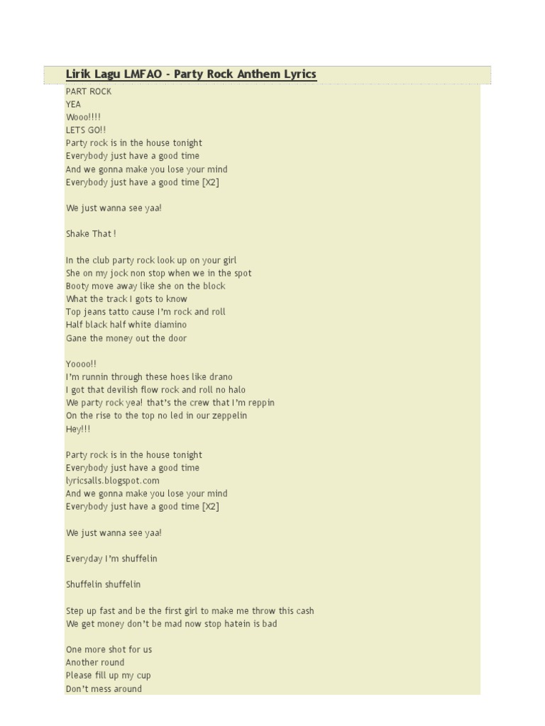 LMFAO - Party Rock Anthem Lyrics | PDF | Poetry | Art