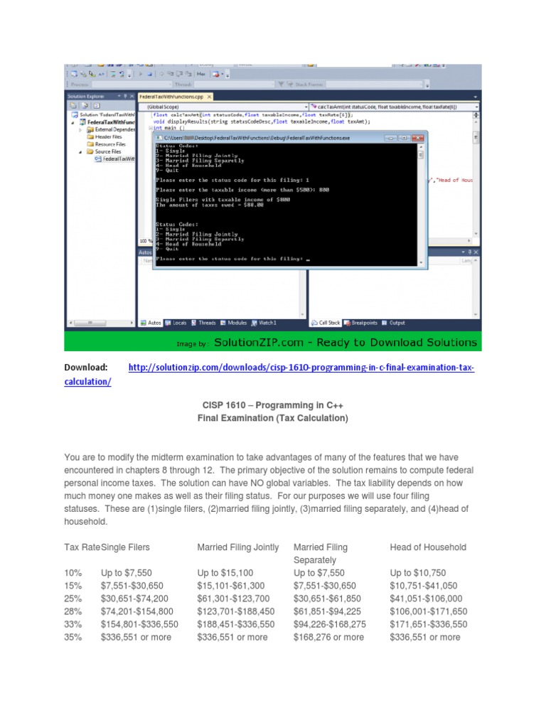 CISP 1610 - Programming in C++ Final Examination (Tax Calculation) | PDF | Subroutine | Control Flow