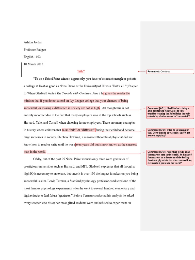Interpretive Essay Comments | Genius | Intelligence