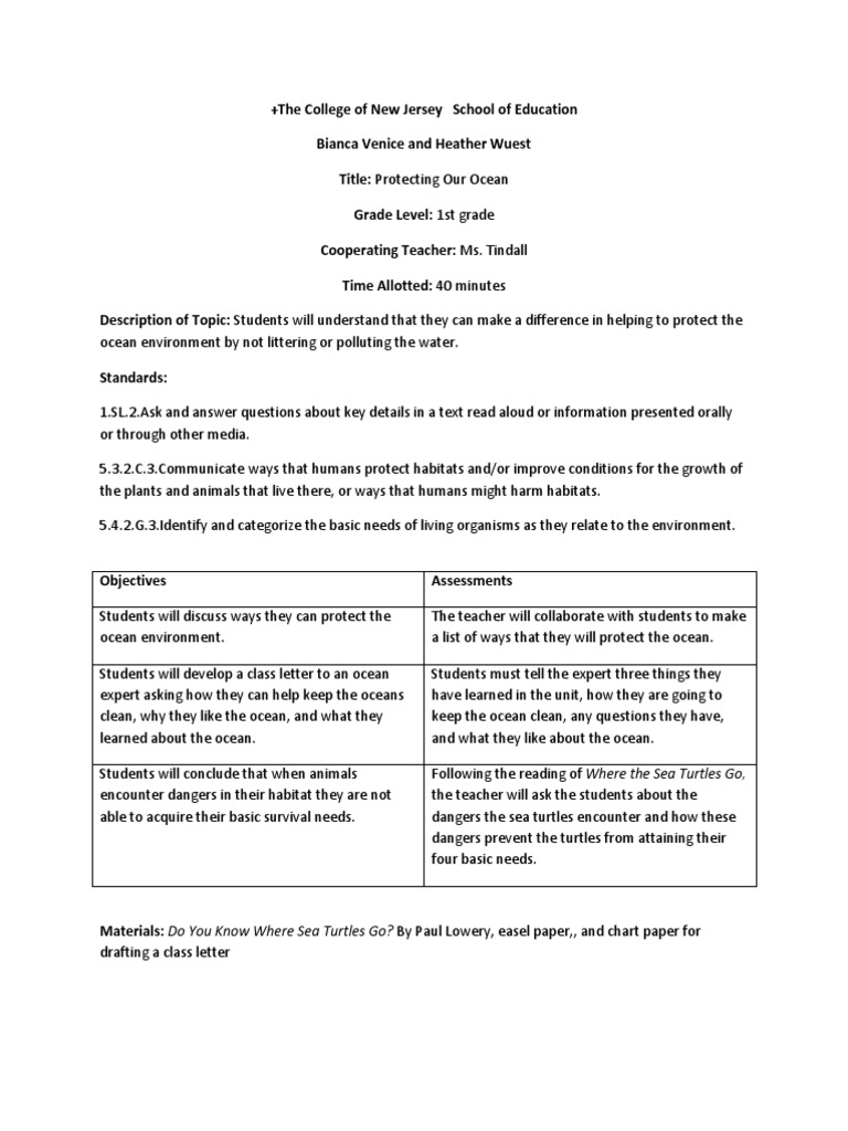 Protecting Our Ocean Lesson Plan | PDF | Classroom | English As A ...