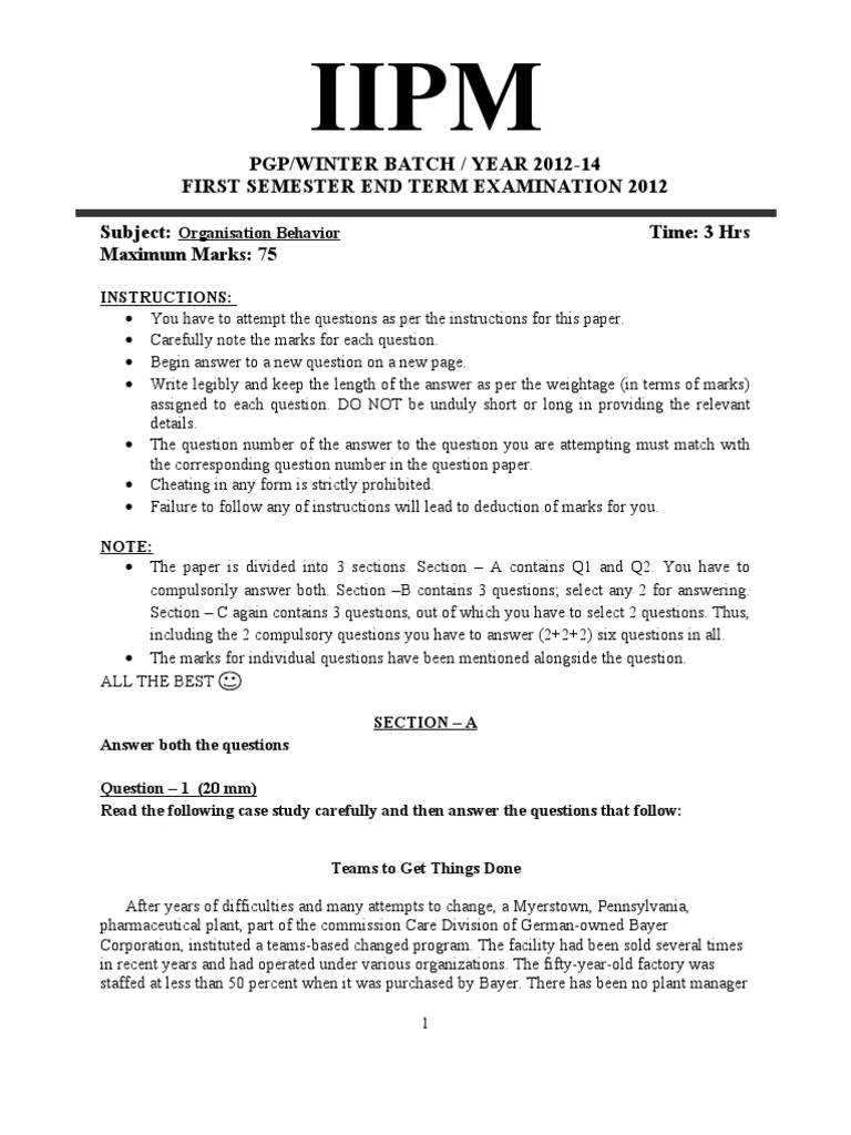 OB Question Paper 2 | Download Free PDF | Leadership | Employment