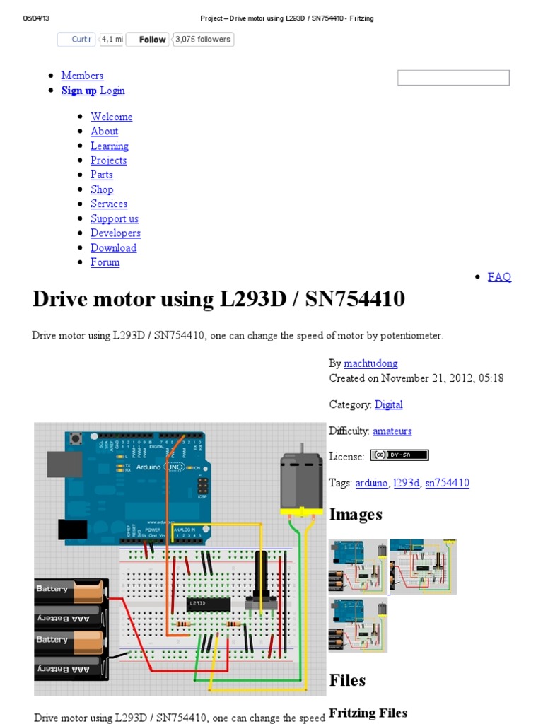 Project - Drive Motor Using L293D - SN754410 - Fritzing | PDF | Computers