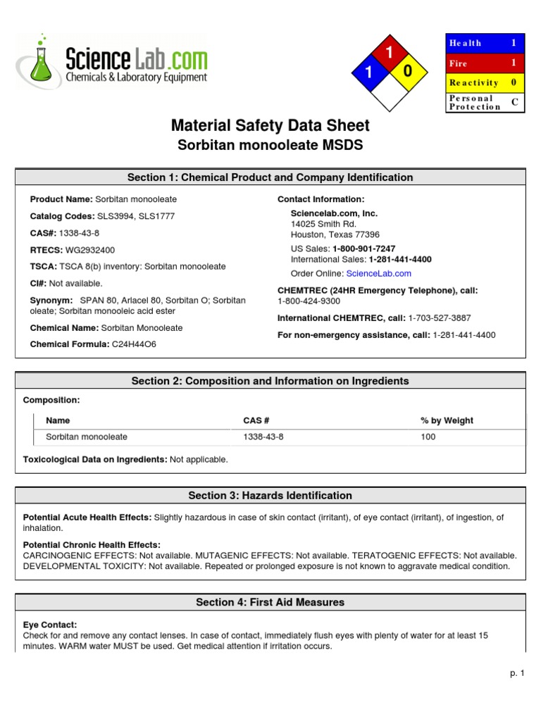 Msds Span 80 PDF | PDF | Toxicity | Flammability