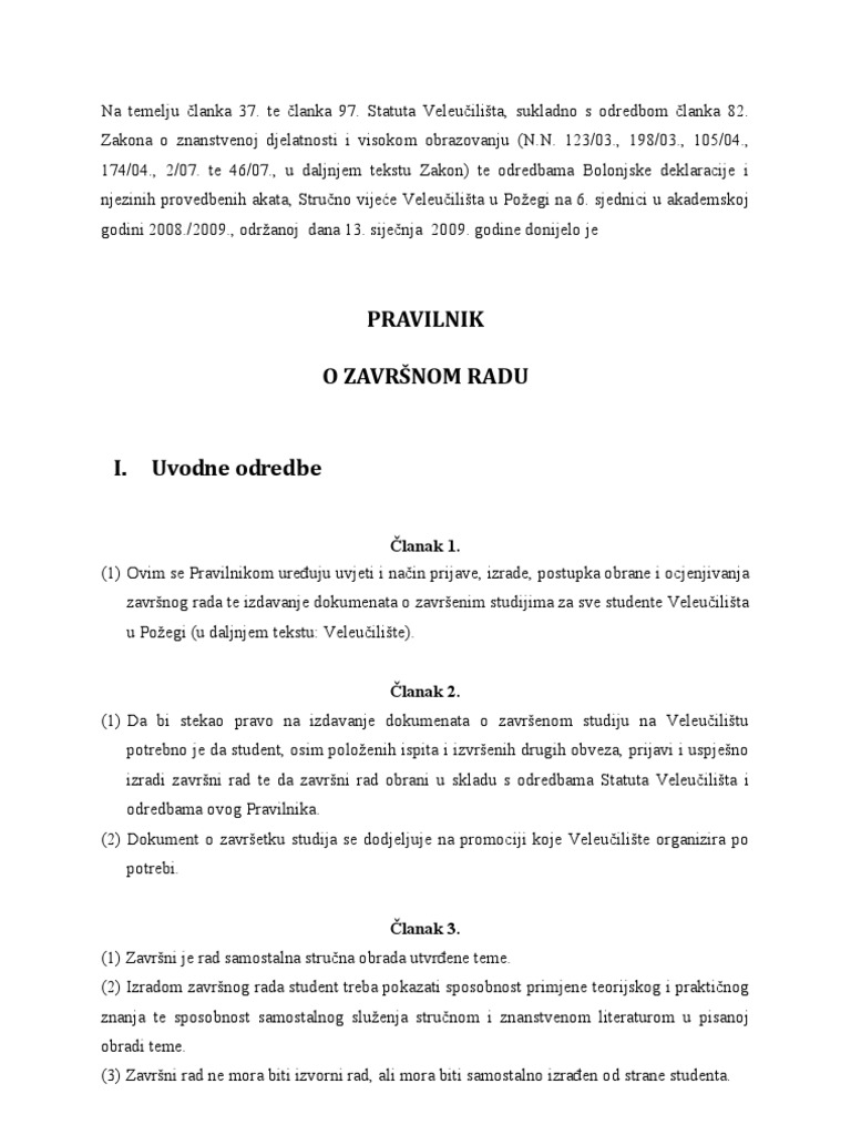 Pravilnik o Završnom Radu | PDF